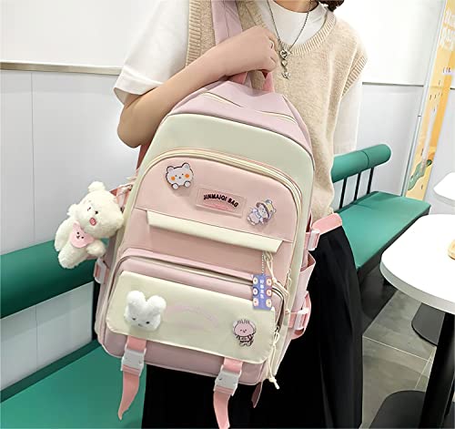 LaurelTree Kawaii Aesthetic Cute 5pcs School Bags Set with Accessories School Suppliers for Teens Girls Backpack Tote Bag (Pink)