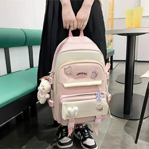 LaurelTree Kawaii Aesthetic Cute 5pcs School Bags Set with Accessories School Suppliers for Teens Girls Backpack Tote Bag (Pink)