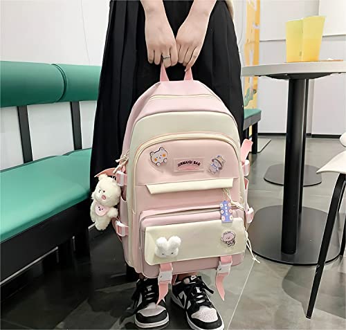 LaurelTree Kawaii Aesthetic Cute 5pcs School Bags Set with Accessories School Suppliers for Teens Girls Backpack Tote Bag (Pink)