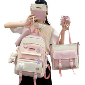 LaurelTree Kawaii Aesthetic Cute 5pcs School Bags Set with Accessories School Suppliers for Teens Girls Backpack Tote Bag (Pink)