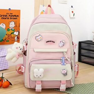 LaurelTree Kawaii Aesthetic Cute 5pcs School Bags Set with Accessories School Suppliers for Teens Girls Backpack Tote Bag (Pink)