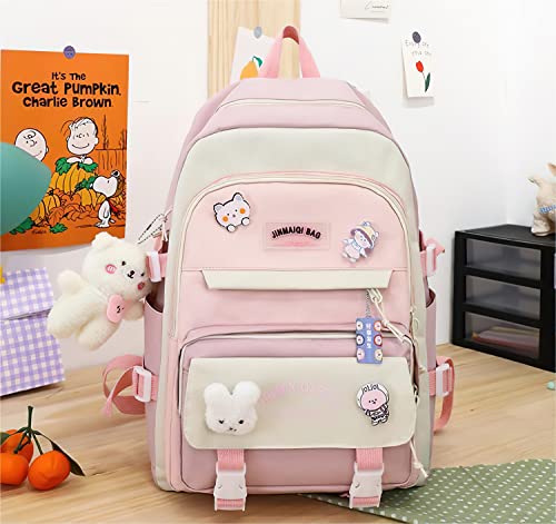 LaurelTree Kawaii Aesthetic Cute 5pcs School Bags Set with Accessories School Suppliers for Teens Girls Backpack Tote Bag (Pink)