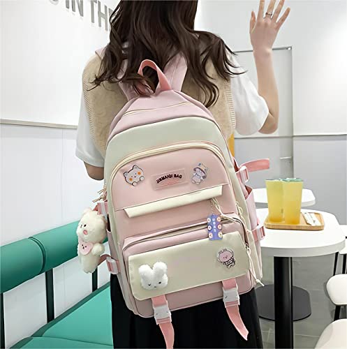 LaurelTree Kawaii Aesthetic Cute 5pcs School Bags Set with Accessories School Suppliers for Teens Girls Backpack Tote Bag (Pink)