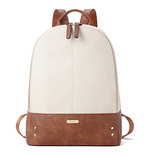 CLUCI Laptop Backpack for Women Leather 15.6 inch Computer Backpack Travel Vintage Large Bag Beige With Brown 2