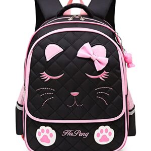 MCWTH Cat Face School Backpack for Teen Girls, Cute Kids Elementar BookBag Daypack (Black)