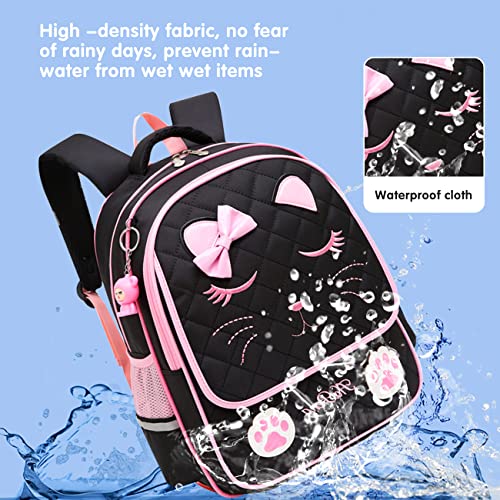 MCWTH Cat Face School Backpack for Teen Girls, Cute Kids Elementar BookBag Daypack (Black)