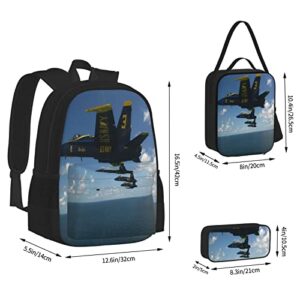 3 Piece Set Backpacks Blue Angels Airplane Aircraft Backpack 3 Piece Set for Boys and Girls Cute Axolotl Fish backpack(School Bag + Pencil Case + Lunchbag Set)