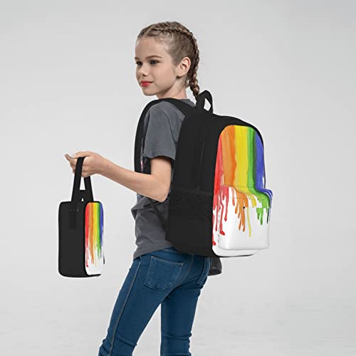 3 Piece Set Backpacks Colorful Love Watercolor Iridescent Gay Lesbian LGBT Yellow Backpack 3 Piece Set for Boys and Girls Cute Axolotl Fish backpack(School Bag + Pencil Case + Lunchbag Set)