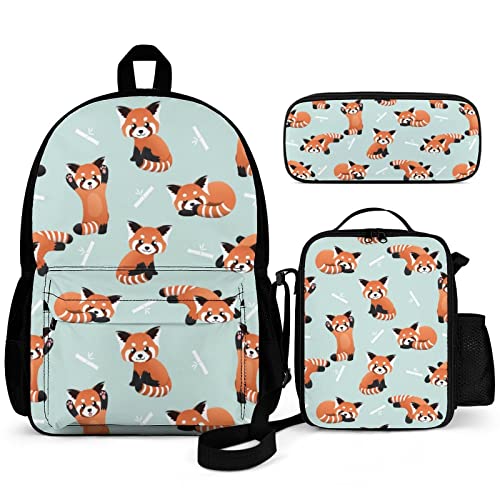 KiuLoam Cute Red Panda And Bamboo Kids Backpack Set 3 Piece Back To School 16 Inch Book Bag With Lunch Bag Pencil Case For Boys Girls 1-6th Grade