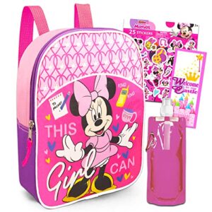 minnie mouse mini backpack - bundle with 11” minnie mini backpack, water pouch, minnie stickers, more - minnie mouse preschool backpack for girls toddler