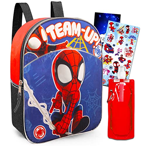 Spidey and His Amazing Friends Mini Backpack - Bundle with 11" Spiderman Backpack for Toddlers, Spiderman Stickers, Water Pouch, More | Spiderman Backpack for Boys