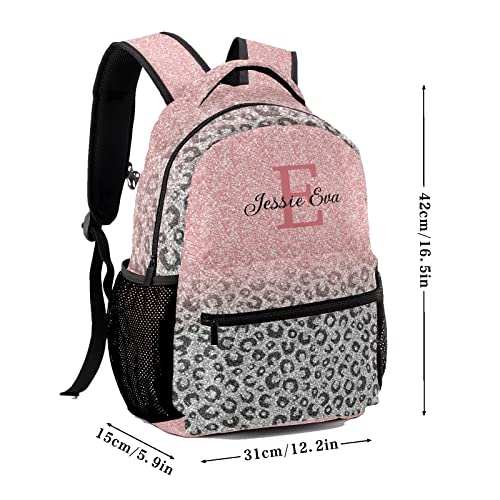 Custom Kid Backpack, Pink Glitter Printing Leopard Personalized School Bookbag with Your Own Name, Customization Casual Bookbags for Student Girls Boys