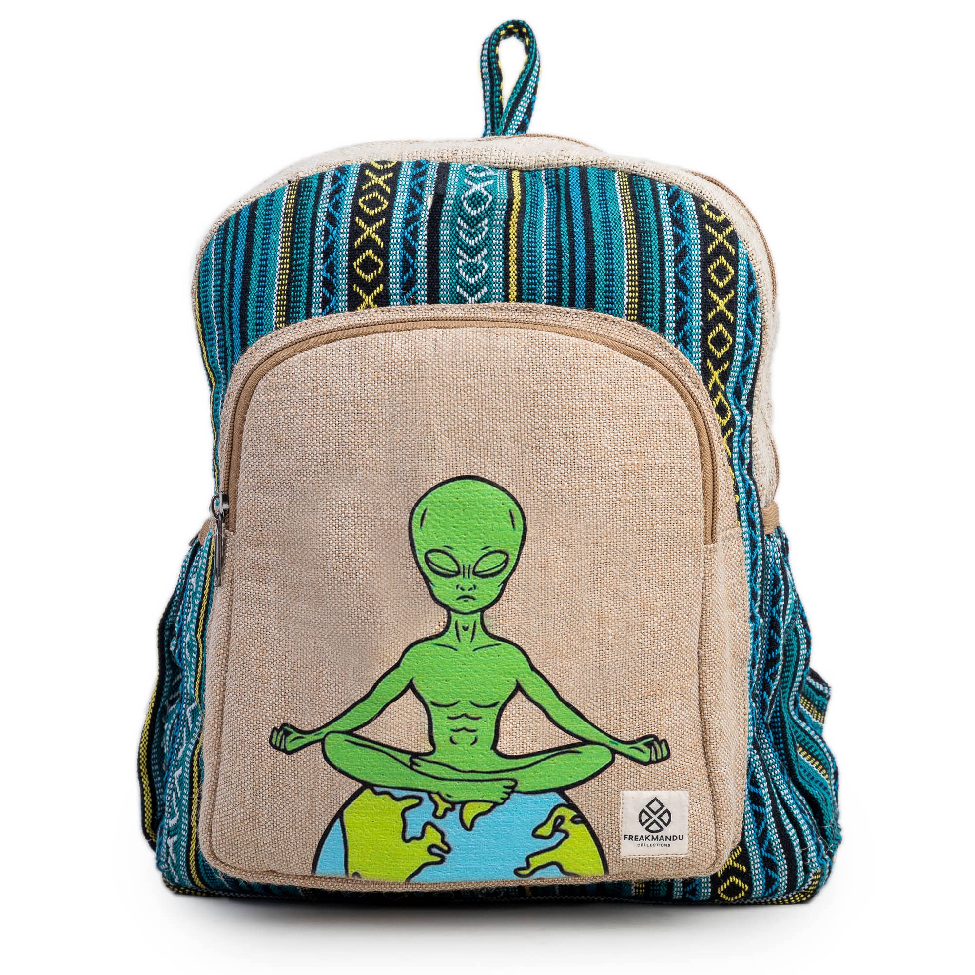 Meditating Alien Hemp Backpack Bag - Eco Friendly Hippie Yak Design Durable Functional Traveling Hiking Friendly Casual Daypack Bag by Freakmandu