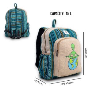 Meditating Alien Hemp Backpack Bag - Eco Friendly Hippie Yak Design Durable Functional Traveling Hiking Friendly Casual Daypack Bag by Freakmandu