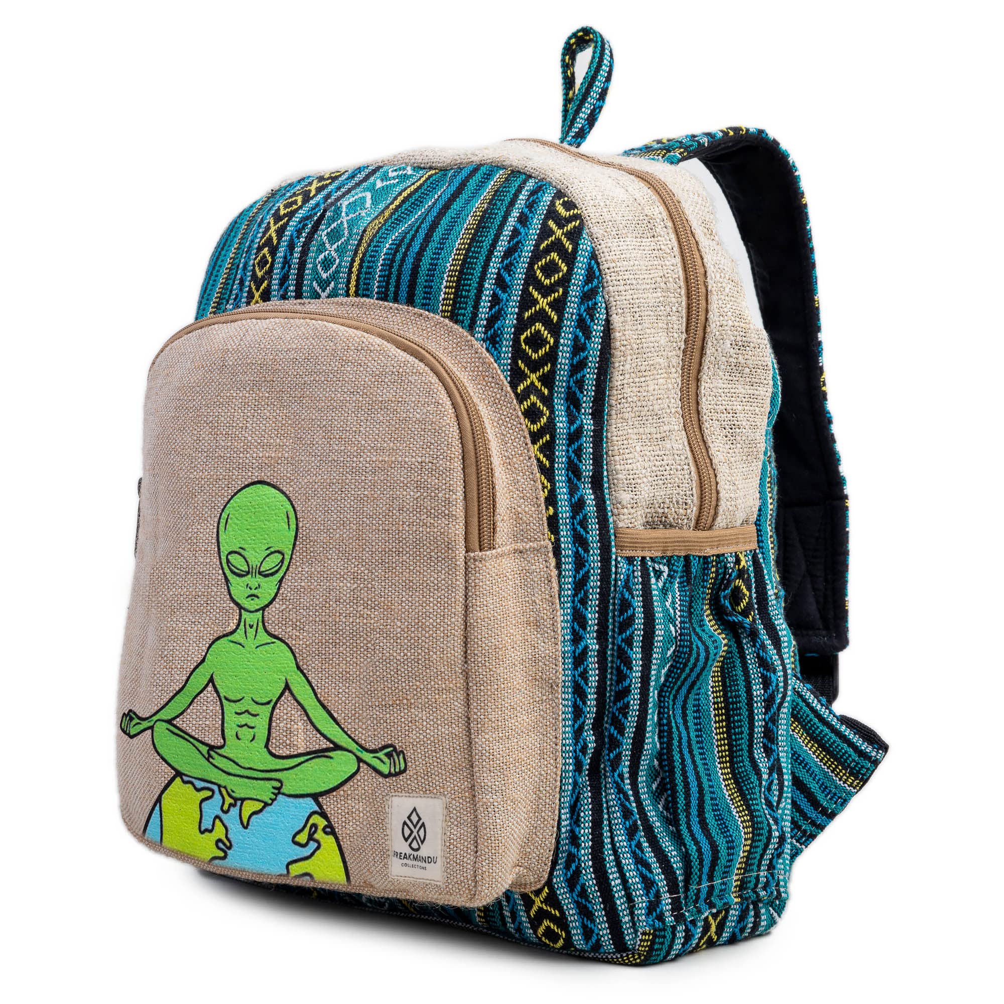 Meditating Alien Hemp Backpack Bag - Eco Friendly Hippie Yak Design Durable Functional Traveling Hiking Friendly Casual Daypack Bag by Freakmandu