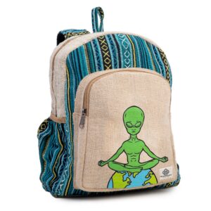 Meditating Alien Hemp Backpack Bag - Eco Friendly Hippie Yak Design Durable Functional Traveling Hiking Friendly Casual Daypack Bag by Freakmandu