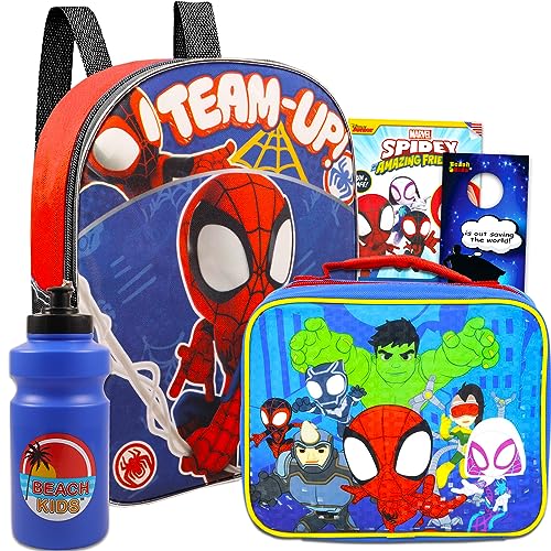 Spidey and His Amazing Friends Backpack and Lunch Bag Set - Bundle with 11" Spidey and Friends Mini Backpack, Spiderman Lunch Box, Water Bottle, Temporary Tattoos, More | Spidey Backpack Toddler