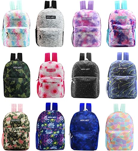 Moda West 17" Classic Wholesale Backpack in Assorted Prints - Bulk Case of 12