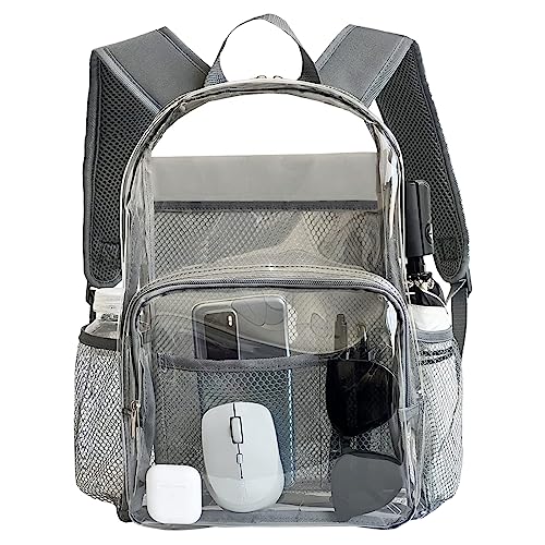 BAJNOKOU Clear Backpack Transparent Heavy Duty Backpacks See Through PVC Plastic Large Bookbag for School Work Stadium Security Sporting Events (Grey)