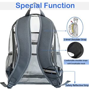 BAJNOKOU Clear Backpack Transparent Heavy Duty Backpacks See Through PVC Plastic Large Bookbag for School Work Stadium Security Sporting Events (Grey)