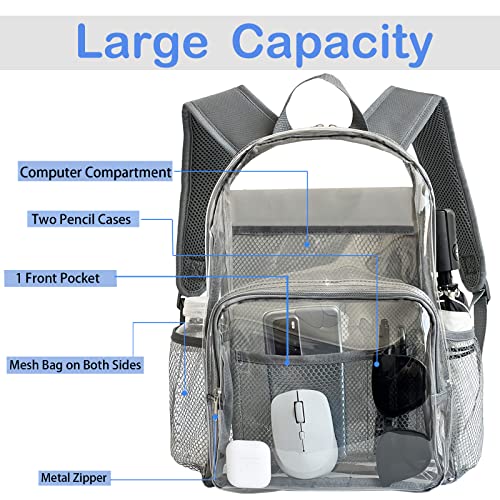 BAJNOKOU Clear Backpack Transparent Heavy Duty Backpacks See Through PVC Plastic Large Bookbag for School Work Stadium Security Sporting Events (Grey)