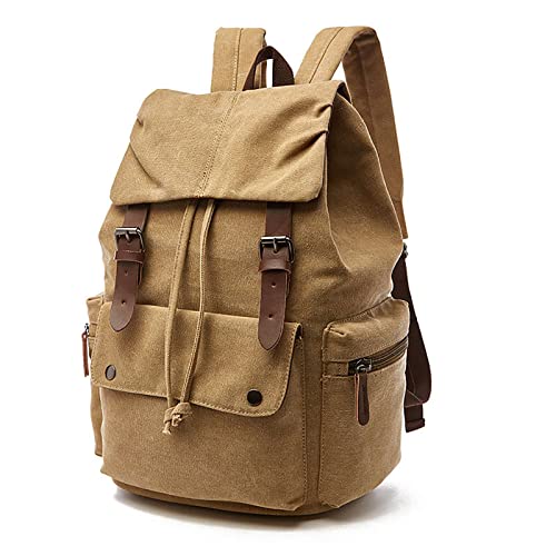 PNMNBW Canvas Backpack Rucksack Genuine Leather Casual Daypack College Bookbag for Men Women Outdoor Cycling Hiking Travel Laptop Khaki