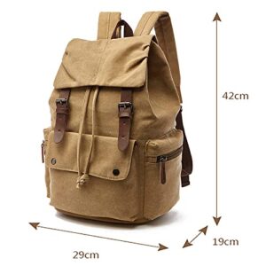 PNMNBW Canvas Backpack Rucksack Genuine Leather Casual Daypack College Bookbag for Men Women Outdoor Cycling Hiking Travel Laptop Khaki