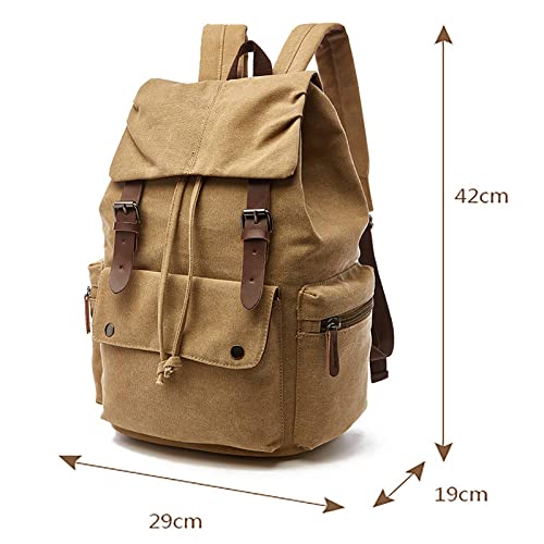 PNMNBW Canvas Backpack Rucksack Genuine Leather Casual Daypack College Bookbag for Men Women Outdoor Cycling Hiking Travel Laptop Khaki