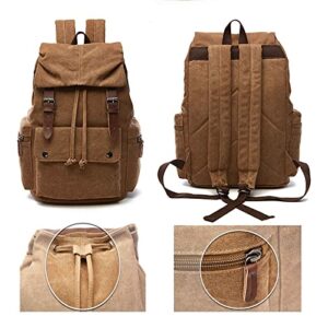 PNMNBW Canvas Backpack Rucksack Genuine Leather Casual Daypack College Bookbag for Men Women Outdoor Cycling Hiking Travel Laptop Khaki