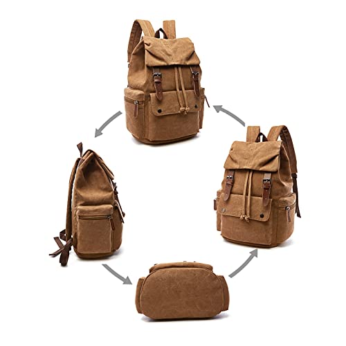 PNMNBW Canvas Backpack Rucksack Genuine Leather Casual Daypack College Bookbag for Men Women Outdoor Cycling Hiking Travel Laptop Khaki