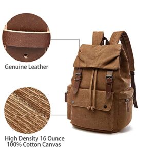 PNMNBW Canvas Backpack Rucksack Genuine Leather Casual Daypack College Bookbag for Men Women Outdoor Cycling Hiking Travel Laptop Khaki