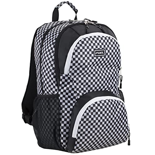 FUEL Spacious Backpack with Interior Tech Sleeve, Black/White Checkered Plaid