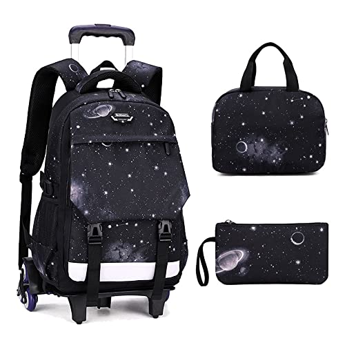 Starry Sky Boys 3 Piece Rolling Backpack Teen Galaxy 3 in 1 Bookbag Elementary School with Wheeled Daypack Trolley Six Wheels