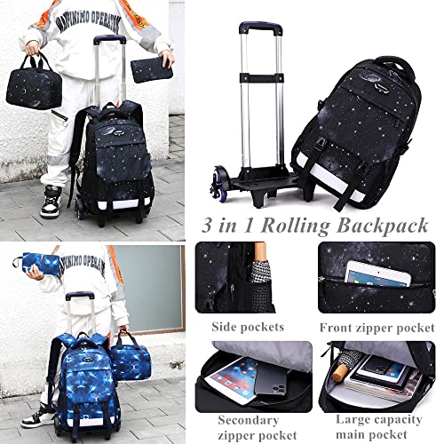 Starry Sky Boys 3 Piece Rolling Backpack Teen Galaxy 3 in 1 Bookbag Elementary School with Wheeled Daypack Trolley Six Wheels