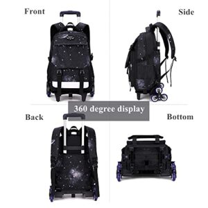 Starry Sky Boys 3 Piece Rolling Backpack Teen Galaxy 3 in 1 Bookbag Elementary School with Wheeled Daypack Trolley Six Wheels