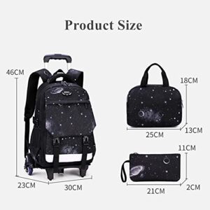 Starry Sky Boys 3 Piece Rolling Backpack Teen Galaxy 3 in 1 Bookbag Elementary School with Wheeled Daypack Trolley Six Wheels