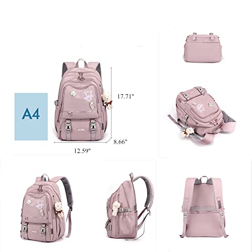 LANSHIYA Girls Kawaii Backpack with Pendent&Pins Teens Solid Color Bookbag Elementary School Students Daypack Cute Outdoor Travel Bag