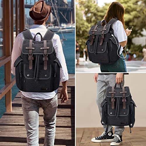 WITZMAN Canvas Backpack for Men & Women Vintage Rucksack Backpack High Capacity (A8004 Black)