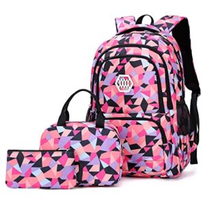 girls backpacks geometric printed children school bag for middle-elementary school book bags for girls-boys waterproof 3 in 1 backpack sets(black 19l)