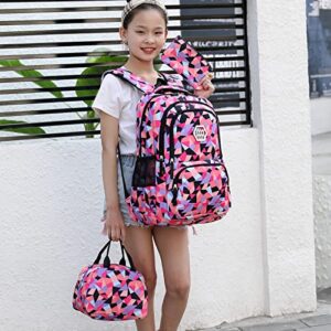 Girls Backpacks Geometric Printed Children School Bag for Middle-Elementary School Book Bags for Girls-Boys Waterproof 3 in 1 Backpack Sets(Black 19L)