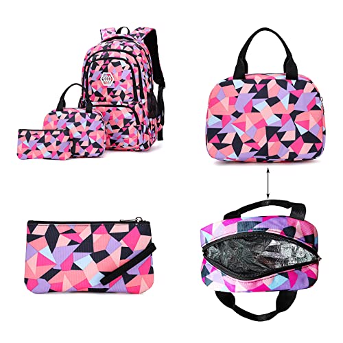 Girls Backpacks Geometric Printed Children School Bag for Middle-Elementary School Book Bags for Girls-Boys Waterproof 3 in 1 Backpack Sets(Black 19L)