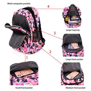 Girls Backpacks Geometric Printed Children School Bag for Middle-Elementary School Book Bags for Girls-Boys Waterproof 3 in 1 Backpack Sets(Black 19L)