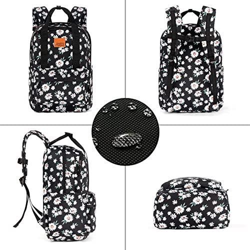 Choco Mocha Daisy Backpack for Teen Girls, Travel Middle School Backpack for Girls High School College Bookbag 16 Inch, Black