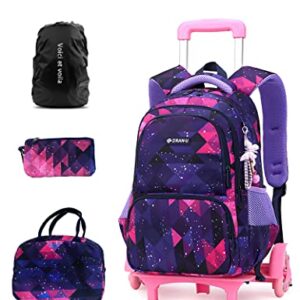 Voici et Voila 4Pcs Rolling Backpack Kids Backpack with Wheels Girls 6 Wheels Backpack on Wheels Gradient Geometric Trolley Rolling School Backpack Multi-Function Breathable Elementary School