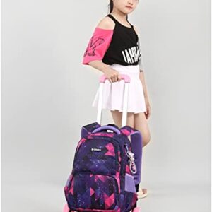 Voici et Voila 4Pcs Rolling Backpack Kids Backpack with Wheels Girls 6 Wheels Backpack on Wheels Gradient Geometric Trolley Rolling School Backpack Multi-Function Breathable Elementary School