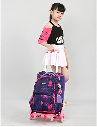 Voici et Voila 4Pcs Rolling Backpack Kids Backpack with Wheels Girls 6 Wheels Backpack on Wheels Gradient Geometric Trolley Rolling School Backpack Multi-Function Breathable Elementary School