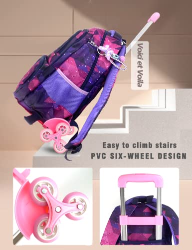 Voici et Voila 4Pcs Rolling Backpack Kids Backpack with Wheels Girls 6 Wheels Backpack on Wheels Gradient Geometric Trolley Rolling School Backpack Multi-Function Breathable Elementary School