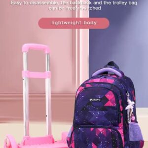 Voici et Voila 4Pcs Rolling Backpack Kids Backpack with Wheels Girls 6 Wheels Backpack on Wheels Gradient Geometric Trolley Rolling School Backpack Multi-Function Breathable Elementary School