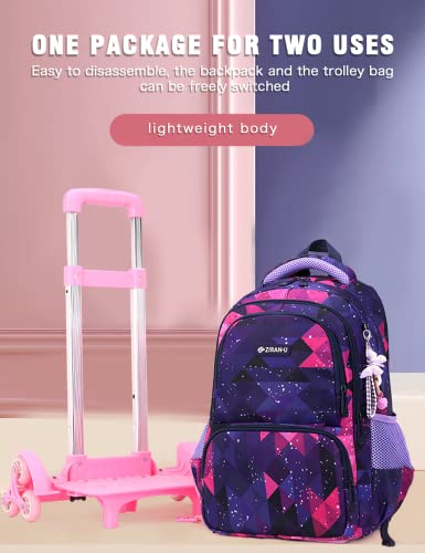 Voici et Voila 4Pcs Rolling Backpack Kids Backpack with Wheels Girls 6 Wheels Backpack on Wheels Gradient Geometric Trolley Rolling School Backpack Multi-Function Breathable Elementary School