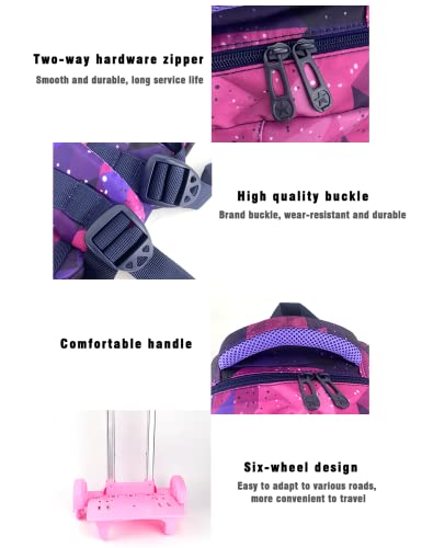 Voici et Voila 4Pcs Rolling Backpack Kids Backpack with Wheels Girls 6 Wheels Backpack on Wheels Gradient Geometric Trolley Rolling School Backpack Multi-Function Breathable Elementary School